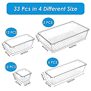 Fixwal 33 PCS Clear Drawer Organizer Set, 4-Size Plastic Drawer Organizers Trays Bathroom Organizers Dresser Storage Bins Separation Box for Makeup, Jewelries, Gadgets, Bathroom, Office, Bedroom.