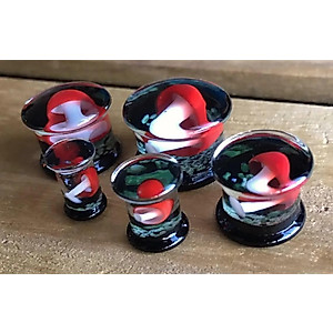 Lobal Domination PAIR of Floating Red Mushroom Pyrex Glass Double Flare Plugs with Glow in the Dark Background (8mm (0g))