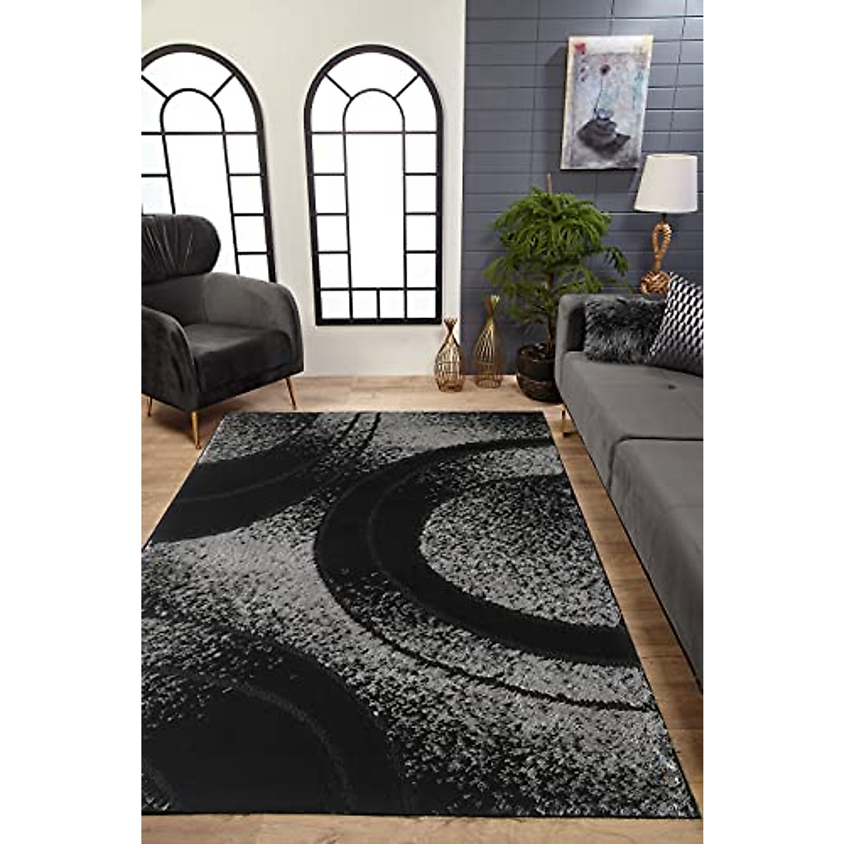 L'Baiet Naomi Black White Abstract Circle Pattern Graphic Soft Shag Indoor 2' x 3' Area Rug