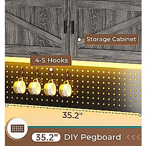 Itaar Bakers Rack with Power Outlet and Led Lights, Coffee Bar Cabinet, Microwave Stand with Wine Rack, Wire Basket, Pegboard and 8 Hoos for Kitchens with Storage, 35.4”, Grey