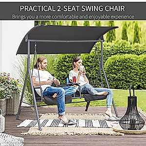 Outsunny 2 Person Porch Swing with Stand, Outdoor Swing with Canopy, Pivot Storage Table, 2 Cup Holders, Cushions for Patio, Backyard, Gray