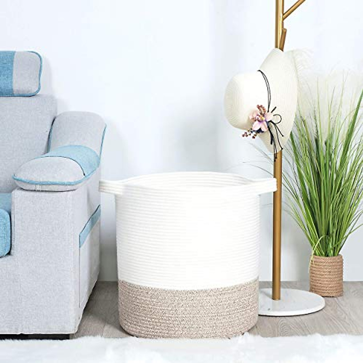 MINTWOOD Design Large 18 x 16 Inches Decorative Woven Cotton Rope Basket, Tall Laundry Basket Hamper, Blanket Basket for Living Room, Storage Baskets with Handles for Toys, Throws, Pillows and Towels