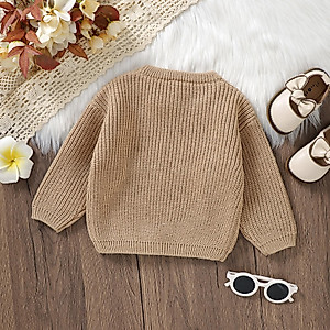Baby Girl Cable Knit Sweater Long Sleeve Boho Floral Embroidery Oversized Sweatshirt Warm Fall Winter Clothes (Khaki-Babe, 6-9 Months)