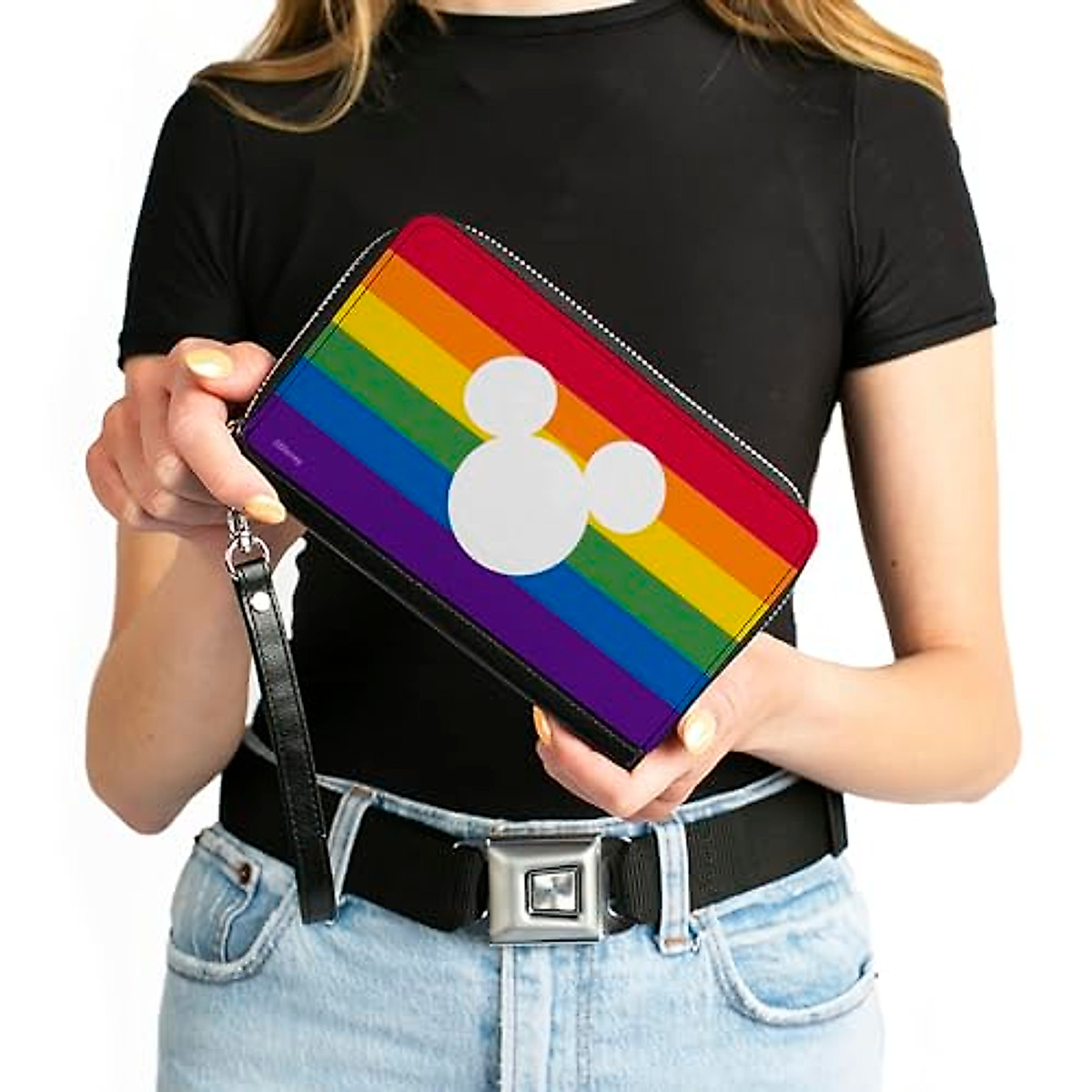 Buckle-Down PU Zip Around Wallet Rectangle Mickey Mouse Pride Ears Icon Rainbow Stripe Multi Color