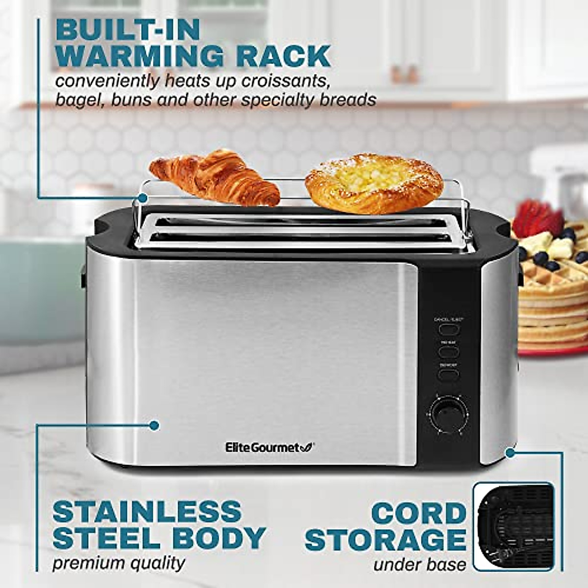 Elite Gourmet ECT-3100## Long Slot 4 Slice Toaster, Reheat, 6 Toast Settings, Defrost, Cancel Functions, Built-in Warming Rack, Extra Wide Slots for Bagels Waffles, Stainless Steel & Black
