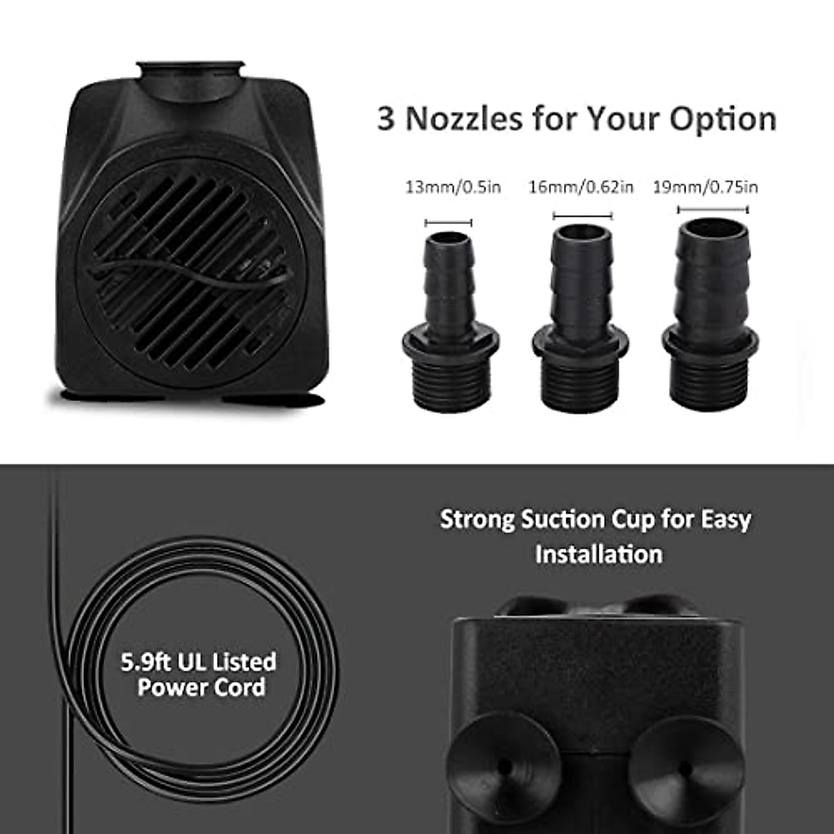 GROWNEER 550GPH Submersible Pump 30W Ultra Quiet Fountain Water Pump, 2000L/H, with 7.2ft High Lift, 3 Nozzles for Aquarium, Fish Tank, Pond, Hydroponics, Statuary Black