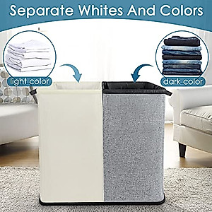 Large Hampers for Laundry 2 Compartment, Dual Laundry Hamper 2 section for Storage and Sorter, Collapsible Double Laundry Hamper with 2 Removable Laundry Bags for Bedroom, Dorm Room, College