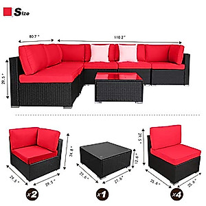 Excited Work 7 PCs Outdoor Patio Furniture Sets PE Rattan Wicker Sofa Sectional Furniture Set with 2 Pillows and Tea Table (Red)