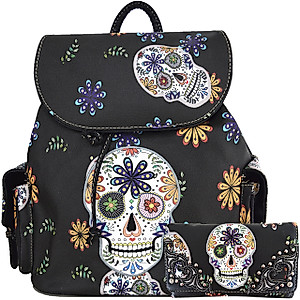 WESTERN ORIGIN Sugar Skull Day of the Dead Daypack Punk Gothic Backpack Rose Flower Fashion Women Travel Biker Purse Daypack Wallet Set (Black Set)