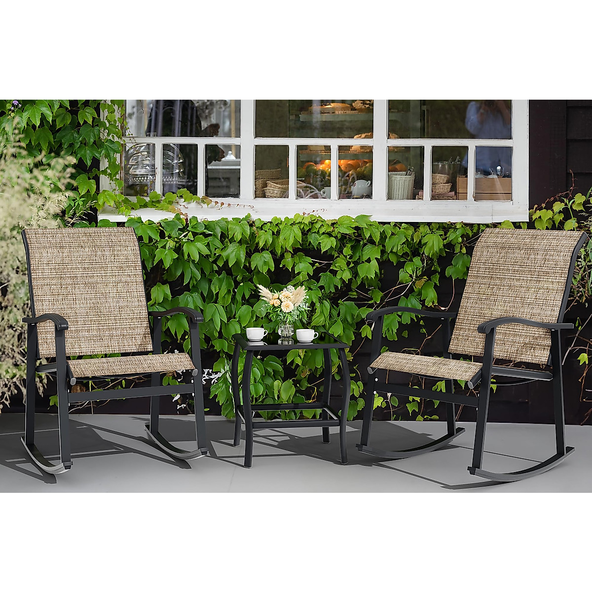 Vongrasig 3 Piece Outdoor Rocking Bistro Set, Textilene Fabric Small Patio Furniture Set, Front Porch Rocker Chairs Conversation Set with Glass Table for Lawn, Garden, Balcony, Poolside (Brown)