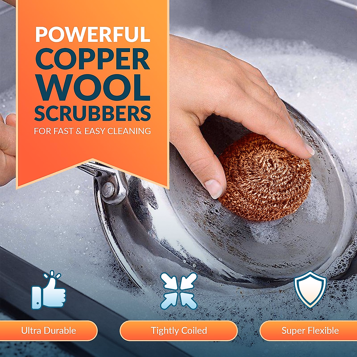 PAMI Heavy-Duty Copper Scrubbing Pads - Copper Wool Pad Dish Scrubbers for Dirt, Grease & Grime- Metal Scrubber Sponges for Kitchen & Bathroom- Copper Scouring Pads for Pots & Pans (4)