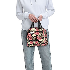 Skull Lunch Bag Box Tote Pink Rose Flowers Organizer Lunch Container Black Insulated Zipper Meal Prep Cooler Handbag For Women Men Home School Office Outdoor Gift