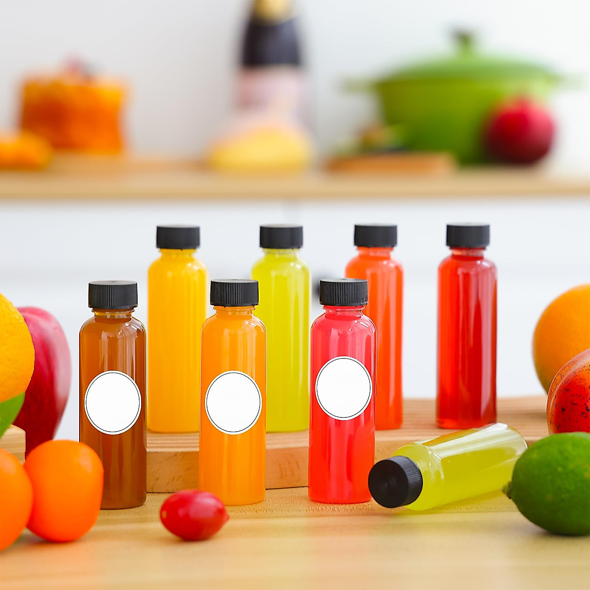 Moretoes 2oz Shot Bottles with Caps, 12pcs Plastic Juice Bottles, Reusable Leak-proof Containers with Cap for Juices, Ginger Shot, Smoothie and Other Liquids