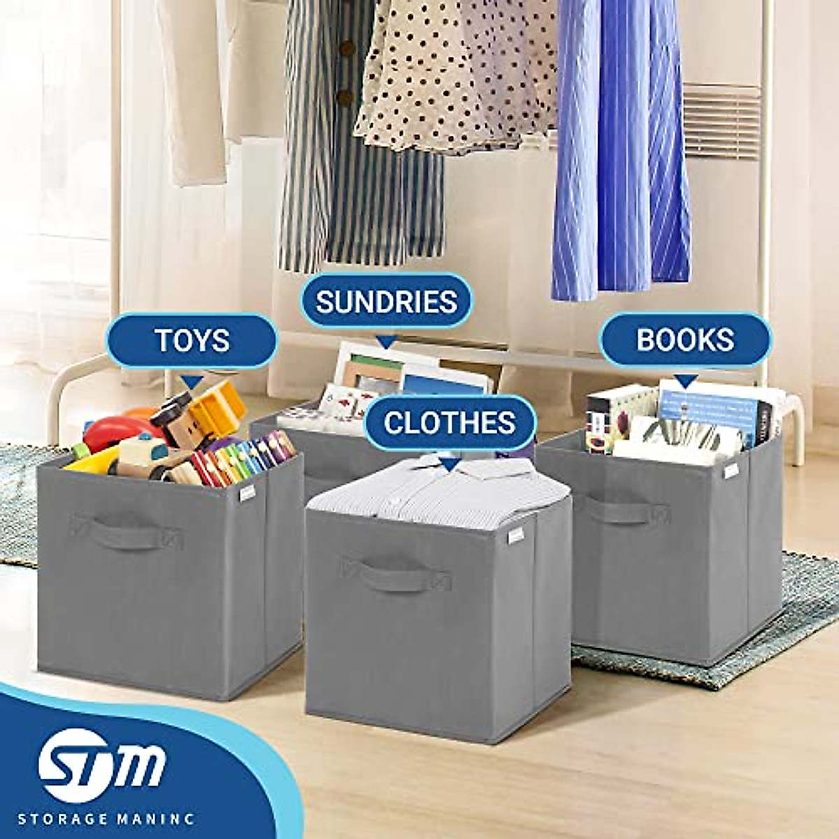 STORAGE MANIAC Storage Cubes, 11 Inch Collapsible Storage Bins with Handles, 6 Pack Fabric Foldable Bins for Organization, Durable Storage Bins for Closet, Shelves, Offices, Toys, Grey