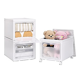 Large Rolling Plastic Storage Bins Box Containers with Lid for Organizing, Stackable Cube Storage Drawers Organizer for Clothes Closet Toys Photo CD Desk Living Room Kitchen- White, 3 layers with lids