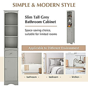 BNSPLY Tall Bathroom Cabinet with Shelves and Drawer, Slim Storage Tower with Adjustable Shelves, Narrow Bathroom Cabinet, Linen Cabinet for Bedroom, Living Room (Grey, 13.4" L x 9" W x 67" H)