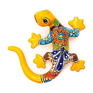 Enchanted Talavera Pottery Hand Painted Mexican Ceramic Garden Creatures Gecko Salamander Frog Butterfly Dragonfly Animals Butterflies Reptiles Wall Décor Art (Medium 10 x 9 Marigold)