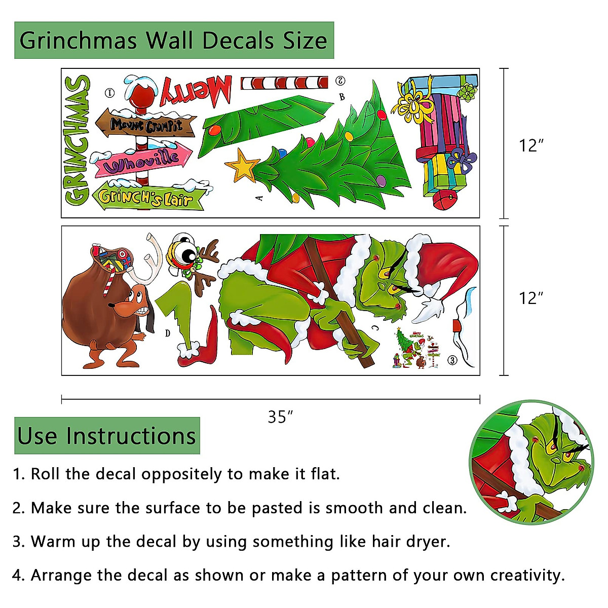 Yovkky Merry Christmas Wall Decals Stickers, Xmas Tree Sign Holiday Max Dog Decor, 2024 New Year Winter Green Red Farmhouse Home Kitchen Decorations Kids Boys Girls Bedroom Art Gift