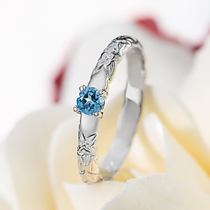 Aloha Jewelry Company Sterling Silver Hawaiian Blue Topaz Princess Plumeria Flower Scroll Ring Stackable Wedding Band, Sizes 5-10 (9)