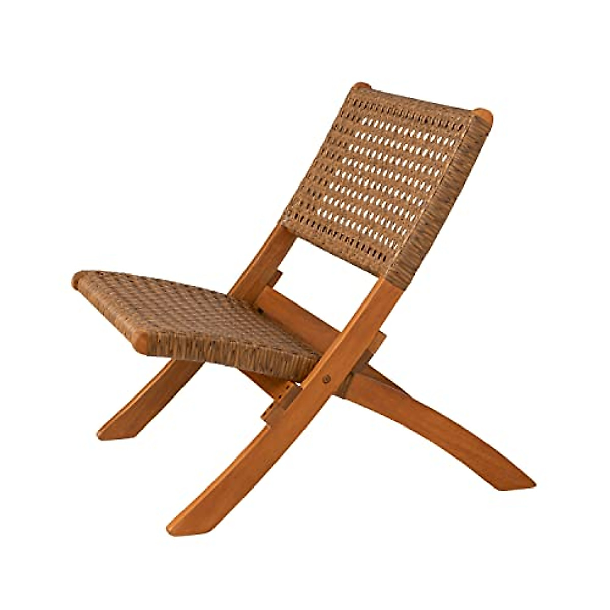 Patio Sense 64159 Sava Indoor Outdoor Folding Chair All Weather Wicker Low Slung Portable Seating Solid Acacia Wood Woven Seat & Back Indoors Porch Lawn Garden Fishing Sporting - Tan Webbing