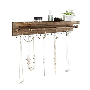 SoCal Buttercup Rustic Necklace Jewelry Organizer - Wall Mount Jewelry Holder - Mounted Hanging Jewelry Storage Hooks for Necklace, Earrings, and Rings - Farmhouse Wood Decor Bedroom Boho Shelf Rack