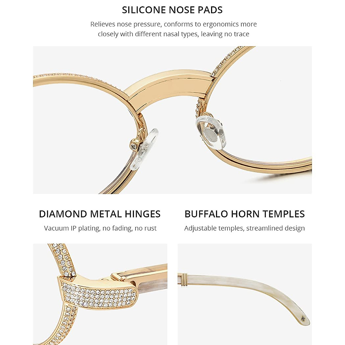 HEPIDEM 100% Really Buffalo Horn Handmade Glasses Frames Luxury 720pcs Diamonds Eyeglasses 7550179 (White)