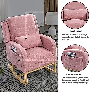 Gxcevsou Teddy Rocking Chair for Nursery, High Back Glider Rocker Upholstered Armchair with One Lumbar Pillow for Nursery, Comfy Armchair with Two Side Pockets for Living Room, Bedroom (Pink)