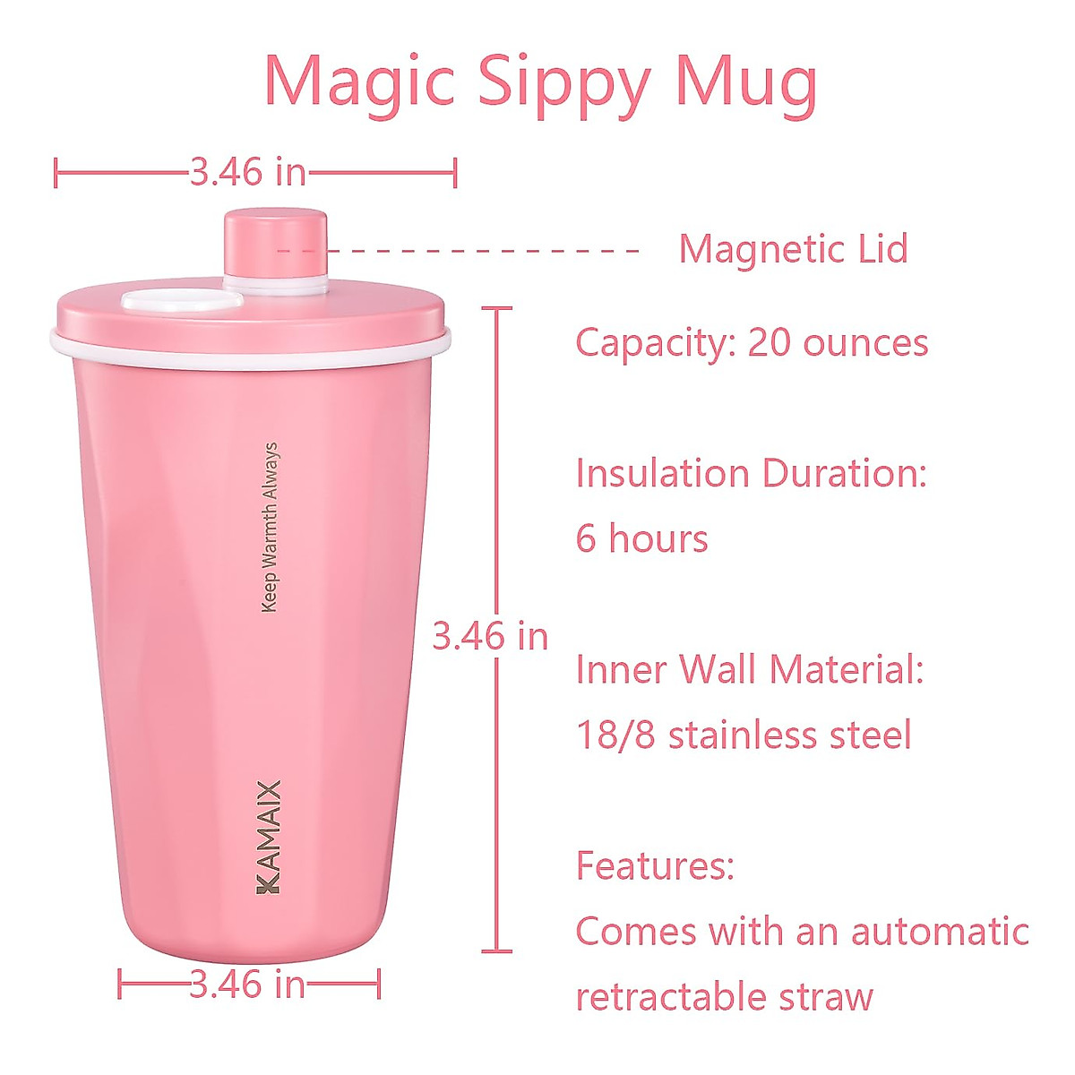 Reginsnow 20oz Insulated Coffee Mug with Lid, Double Wall Stainless Steel Vacuum Insulated Tumbler Cup, Travel Coffee Cup Thermal Cup for Home and Office, Outdoor & Car - Pink