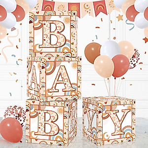 Boho Rainbow Baby Shower Balloons Boxes Party Decorations 4pcs Blocks Baby Shower Decoration for Baby Girl Birthday Party Backdrop Boho Rainbow Party Decorations
