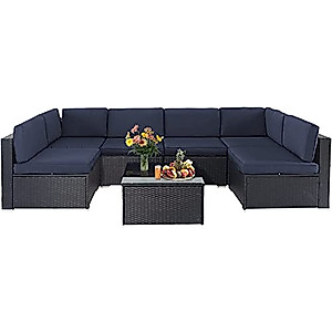 Crownland 7-Piece Outdoor Patio Furniture Sets, All-Weather Black Wicker Rattan Sectional Sofa, Modern Glass Coffee Table and Washable Seat Cushion with YKK Zipper (Dark Blue)