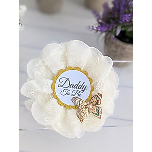 Daddy To Be Button | Dad To Be Pin| Gold Butterfly Baby Shower Ribbon | 3.5" Across | Ivory Lace Flower Corsage | Father To Be Keepsake Gift | Baby Sprinkle Pin
