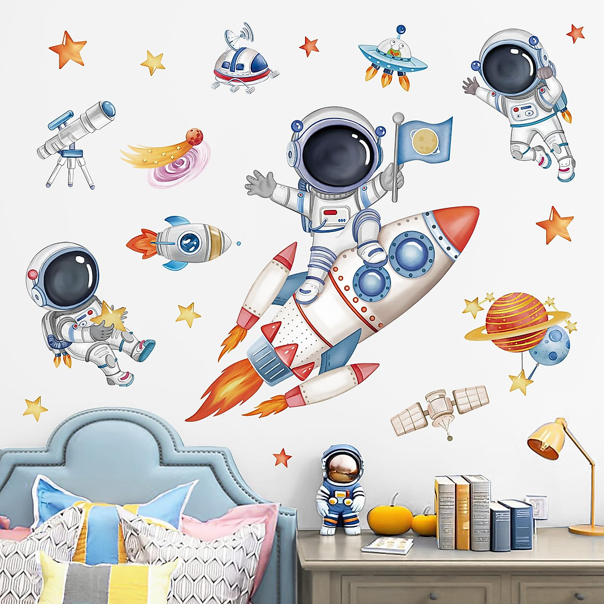 wondever Rocket Astronaut Wall Stickers Universe Space Planet Outer Space Peel and Stick Wall Art Decals for Baby Nursery Kids Bedroom Playroom