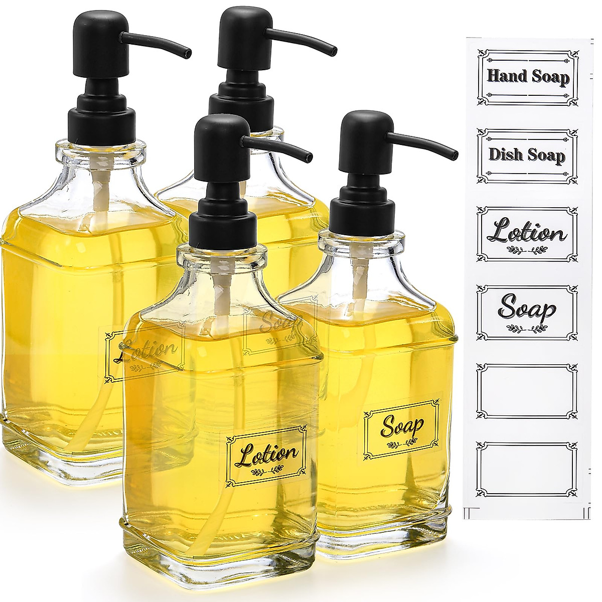 YOUEON 4 Pack 18 Oz Glass Soap Dispenser with Pump, Thick Glass Hand Soap Dispenser with Rust Proof Stainless Steel Pump & Clear Stickers, Refillable Soap Dispenser Set for Kitchen, Bathroom