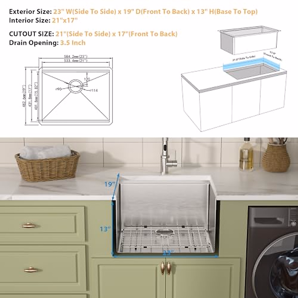 Yurshen 23 Laundry Sink Stainless Steel 23x19x13 Inch Undermount Stainless Steel Utility Sink Workstation Deep Single Bowl 16 Gauge Under Counter Kitchen Laundry Room Utility Sink Basin, YSUWL101-23