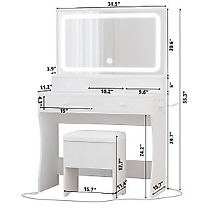 LIKIMIO Vanity Desk with LED Lighted Mirror & Power Outlet & 4 Drawers, Makeup Table Set with Storage Stool and Hair Dryer Stand, White