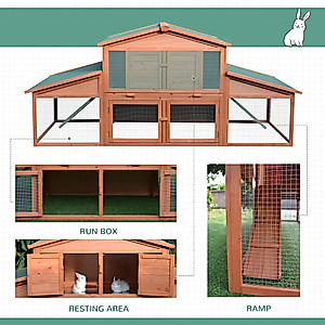 PawHut 89" L Outdoor Rabbit Hutch, Guinea Pig Cage Indoor Outdoor Wooden Bunny Hutch with Double Runs, Weatherproof Roof, Removable Tray, Ramps, Natural