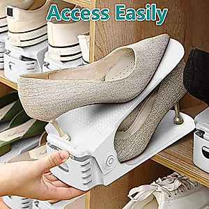 JGUSVYT Shoe Slots Organizer Under Stairs Storage, Adjustable Double Layer Stack Shoe Rack, 50% Space Saver for Closet Organization White