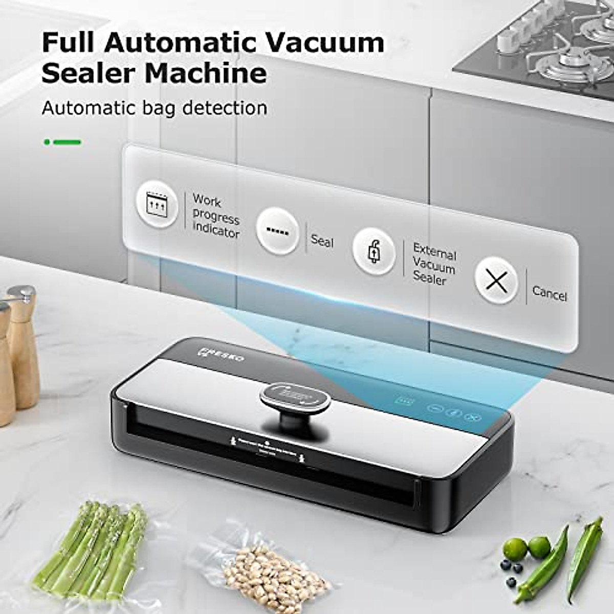 FRESKO Full Automatic Vacuum Sealer Machine, EasierVac Hands-Free Food Sealer with Bag Detection and LED Indicator (V5)
