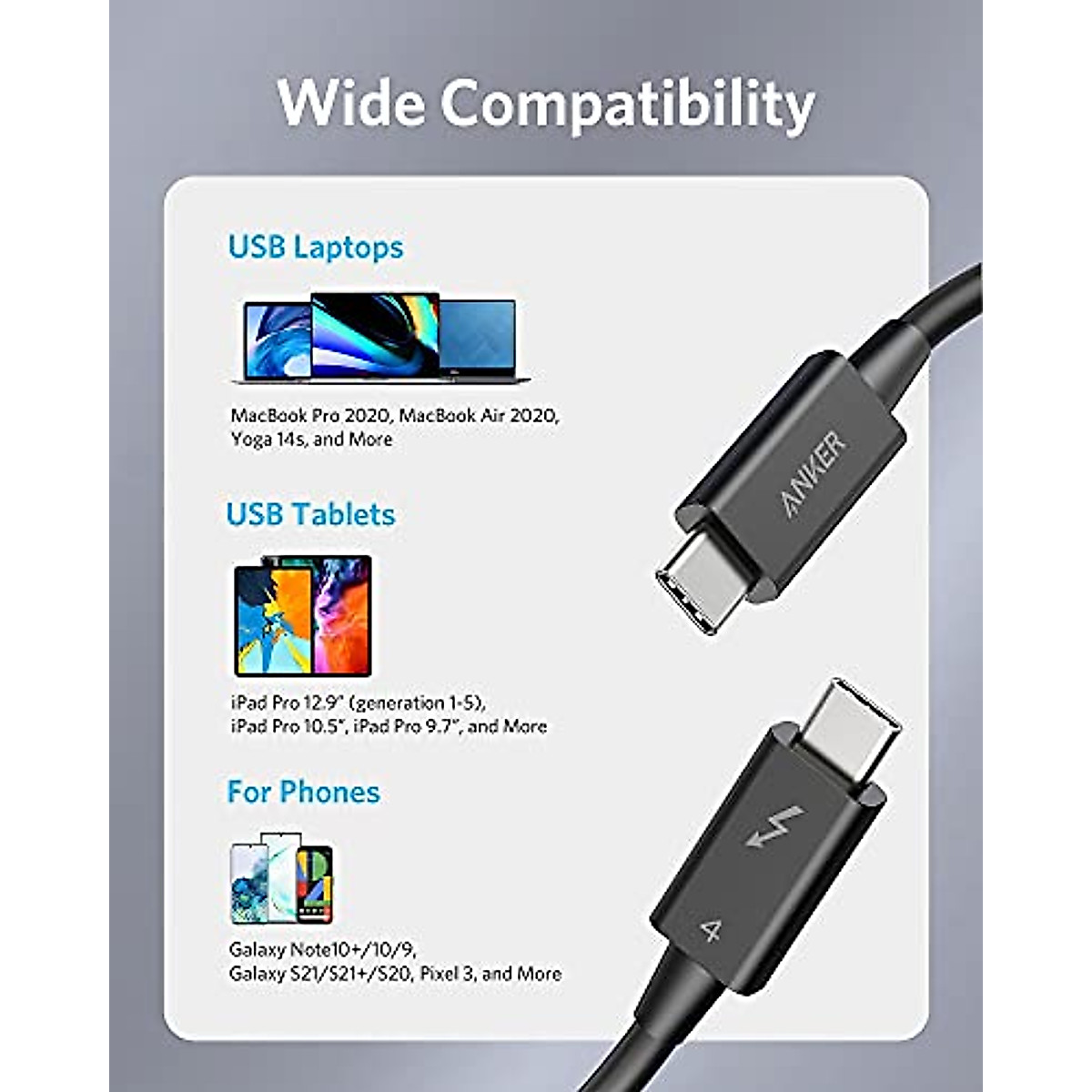 Anker Thunderbolt 4 Cable 2.3 ft, USB-C to USB C Cable, Supports 8K Display/40Gbps Data Transfer/100W Charging, for iPhone 15 Pro, MacBooks, iPad Pro (Intel Thunderbolt Certified), Monitor Connection