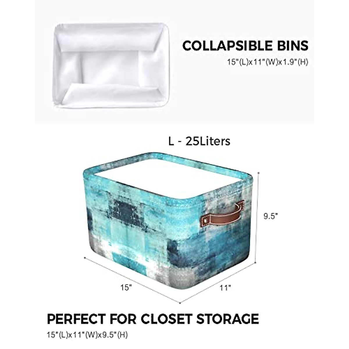 Qumstemily Turquoise Teal Storage Bins for Shelves, Grey Abstract Art Painting Collapsible Storage Box Basket with Handle, Modern Geometric Teal Canvas Hamper Closet Organizers Storage Cubes - 1 Pack