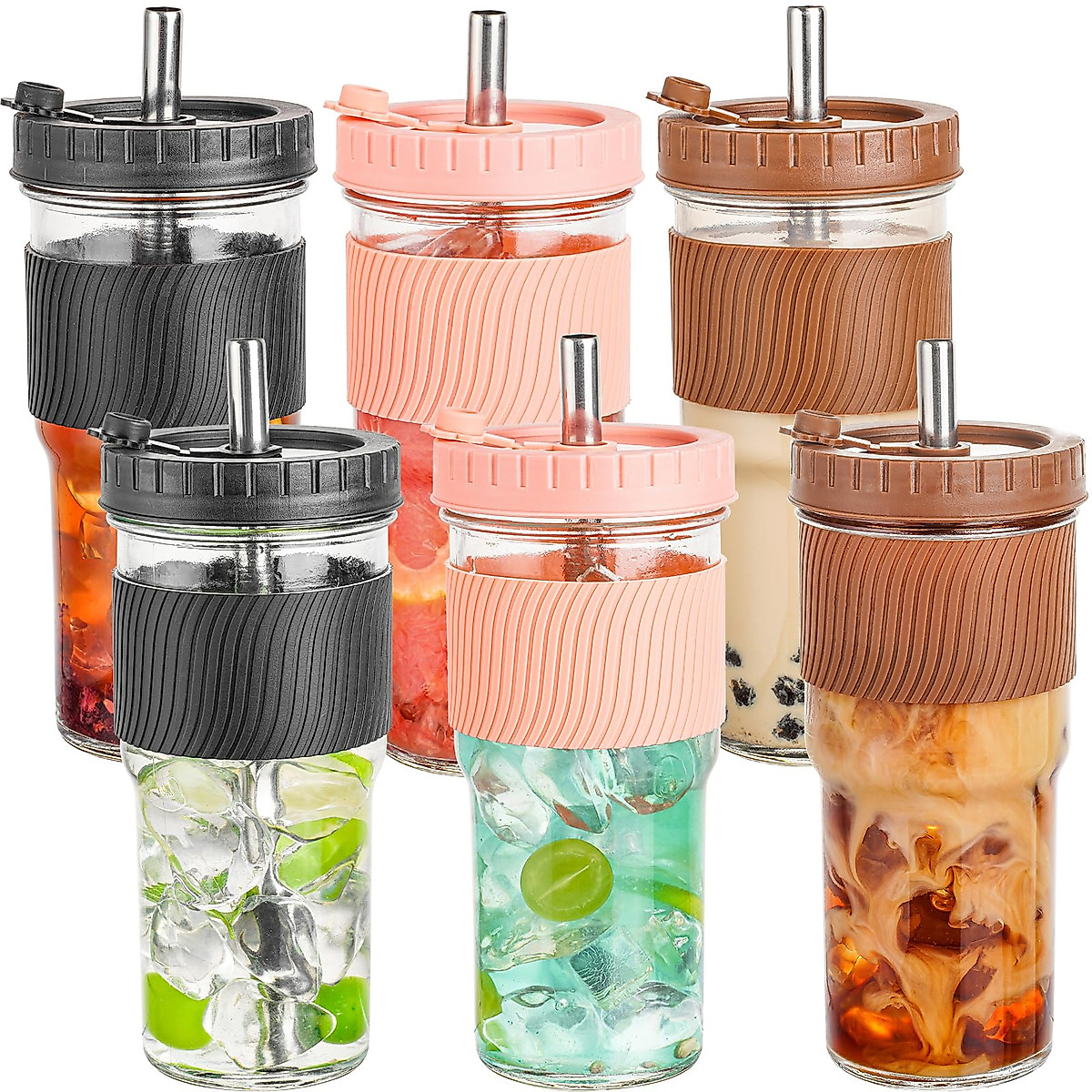Claplante 6 Pack Glass Tumbler Set, 24oz Bubble Tea Cups with Lid, Silicone Sleeve & Wide Straws, Reusable Leakproof Mason Jar Drinking Glasses for Smoothie, Iced Coffee