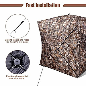 AW Hunting Blind Tent w/Carrying Bag, 2 Person 150D Degree See Through Ground Blinds Portable 58x58x65 Deer Blind Windproof Waterproof, for Deer Hunting Outdoor Sport Shooting Turkey Hunting