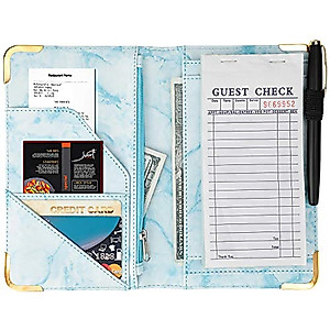 Server Book - Waitress/Waiter Book Organizer with Zipper Pouch, Guest Check Book Holder Money Pocket Restaurant Waitstaff Organizer (Blue)