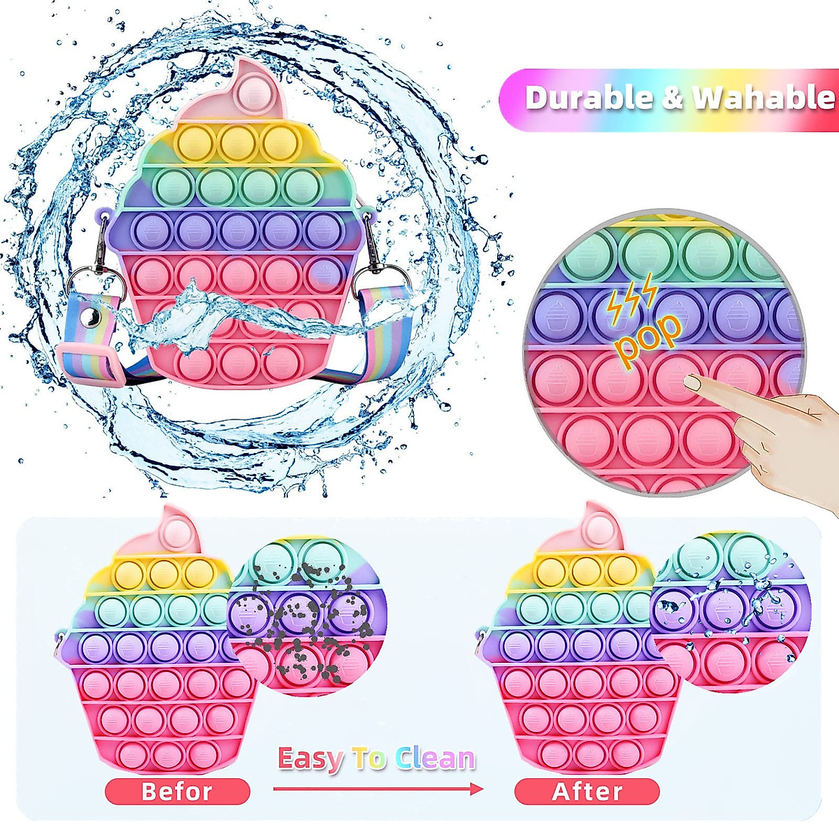 Pop purse bag for Girls, 2 in 1 Poppet Bag fidget Toy with Adjustable Shoulder Strap Length, Silicone Crossbody Small Purse Gift for Kids (Cup Cake)