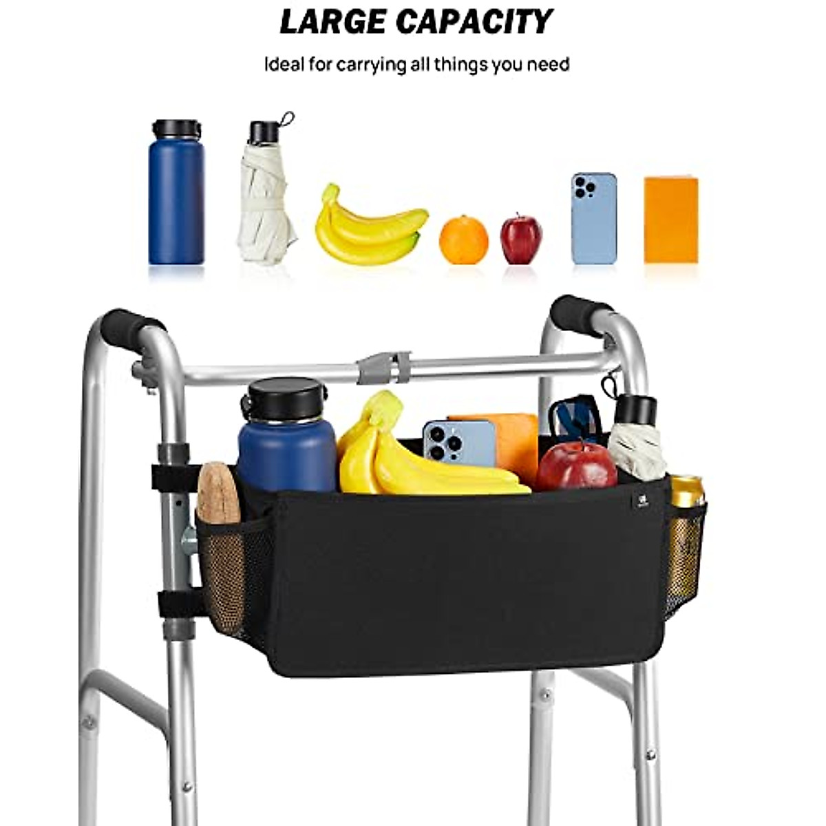 Wiicare Walker Basket for Folding Walker, Basket for Walkers for Seniors with Cup Holder, Foldable Walker Bag, Walker Accessories Gift for Friends, Family and Elders, Not Fit Rollator Walker - Black