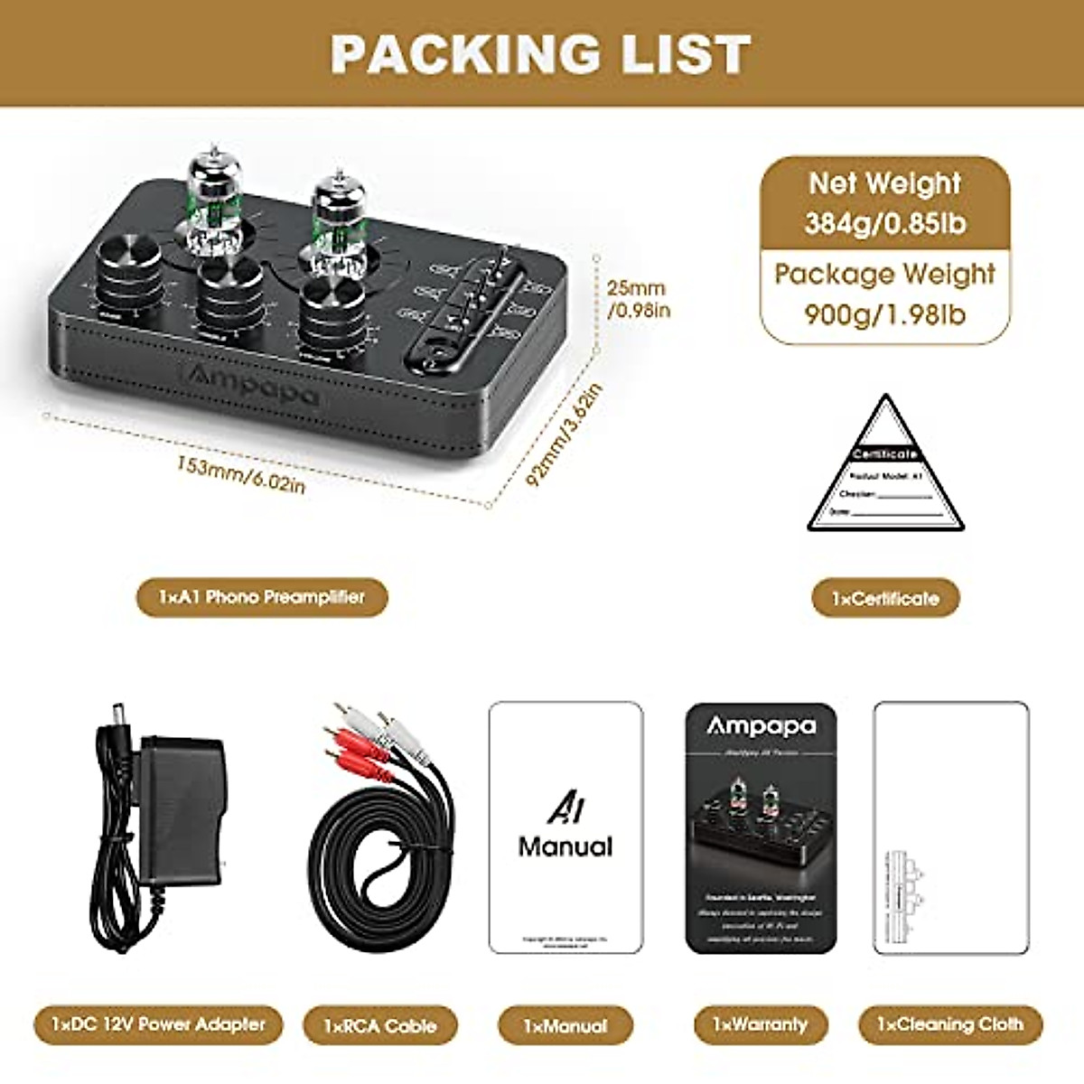 Ampapa A1 Vacuum Tube Phono Preamp, Headphone Amp, Hi-Fi Audiophile Preamplifier for MM Turntable Record Player with Tone Control for Home Stereo Audio System