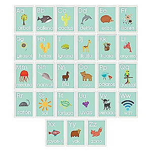 Spanish Alphabet 5x7 Wall Cards, Blue Nature, Kid's Wall Art, Nursery Decor, Kid's Room Decor, Gender Neutral Nursery Decor