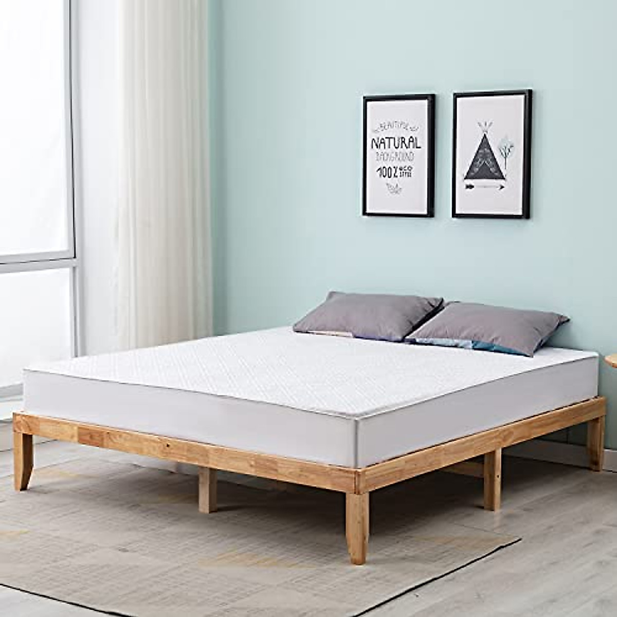 Bestmart INC Full Wooden Bed Frame No Box Spring Needed Marco de Madera 14'' Platform Bed Frame with Solid Wooden Slat and 10 Solid Feet,Quiet Noise Free