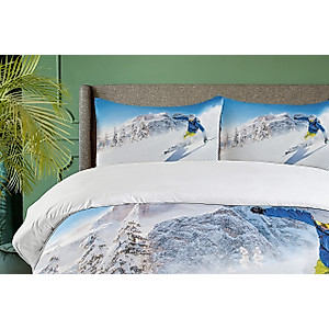 Ambesonne Winter Duvet Cover Set, Skier Skiing Downhill in High Mountains Extreme Winter Sports Hobby Activity, Decorative 2 Piece Bedding Set with 1 Pillow Sham, Twin Size, Blue White Yellow