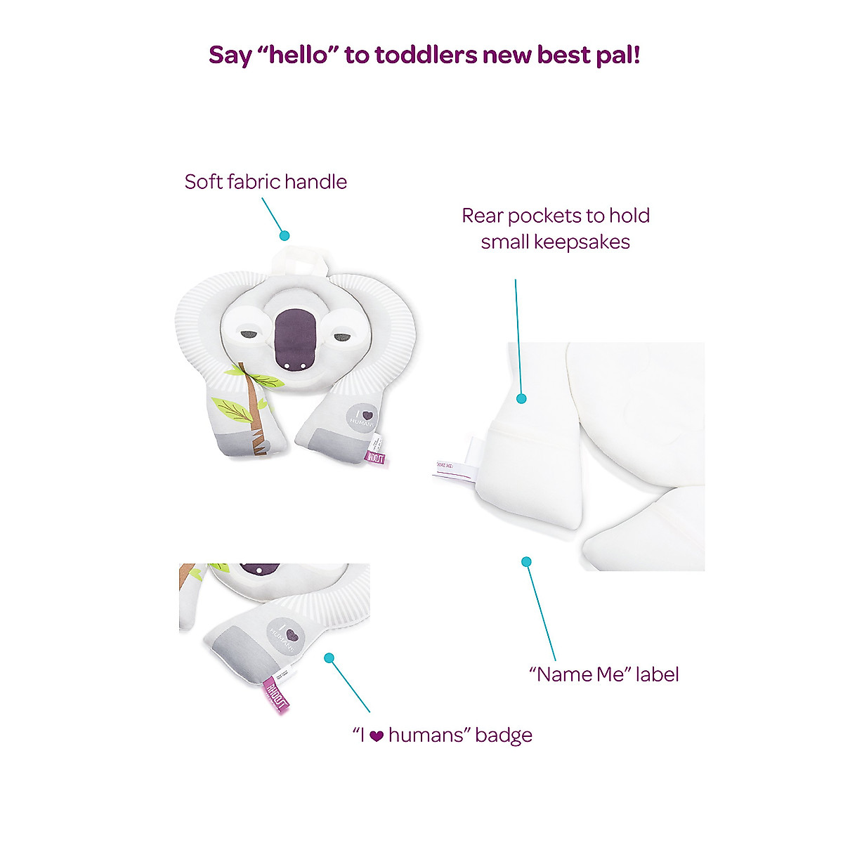 Rhoost Toddler Travel Buddy Neck Rest. Head Support for Kids on Car & Airplane Journeys. Fun Koala or Owl design with Pockets & Name Badge
